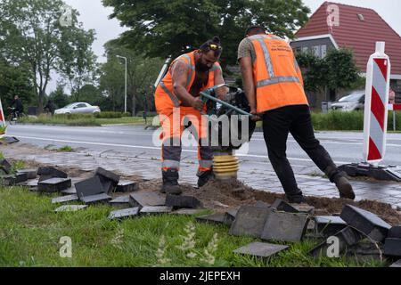 Two workers wield a portable vibration rammer to tamp down the sand ...
