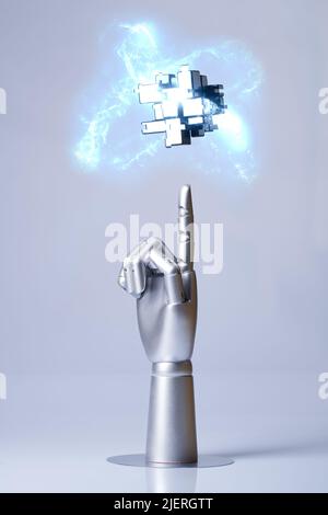 Mechanical robot arm or hand interacts with futuristic digital technologies. Concept of virtual ...