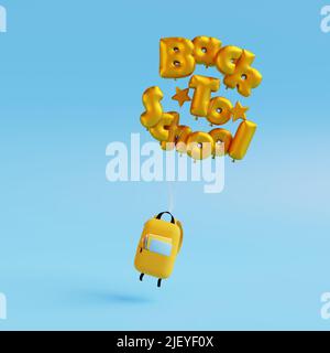 Backpack with different colorful stationery and balloons flying on blue ...