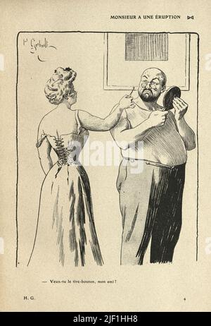 Vintage French cartoon by Henry Gerbault, 1900s. Caricature of a couple ...