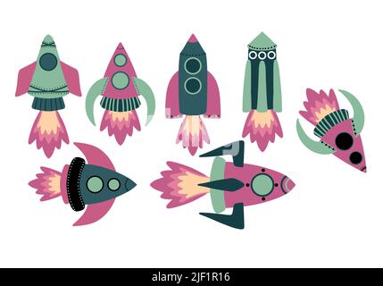 Set cartoon spaceship for stickers and kids and hobbies and school ...