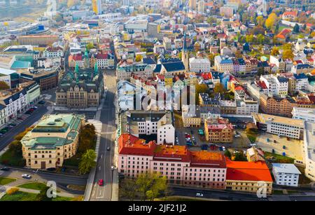 Liberec, Czechia. Aerial view of central square and building of ...