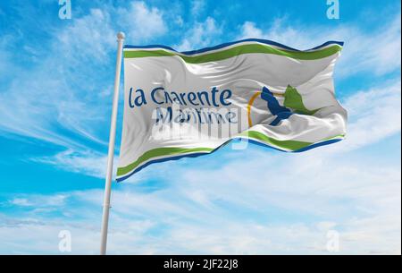 flag of Charente, France at cloudy sky background on sunset, panoramic ...