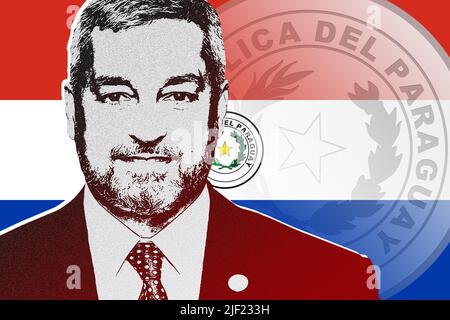 Mario Abdo Benítez, flag and coat of arms of Paraguay Stock Photo - Alamy