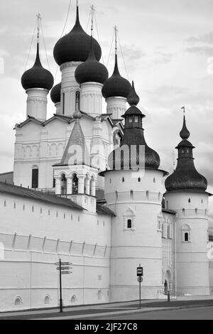 The white-stone Rostov Kremlin. Towers and walls at the Church of St ...