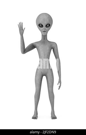 Scary Gray Humanoid Alien Saying Hello and Waving with Hand on a white ...