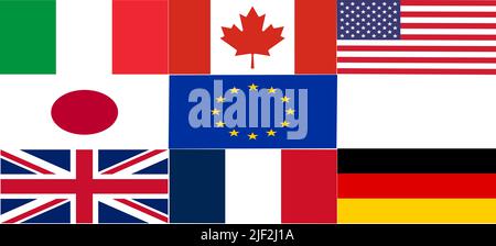 G7 summit. flags of members of G7 group of seven and list of countries ...