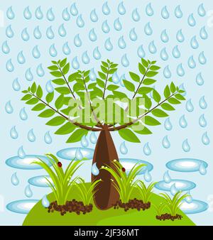 Rain in tropical forest with lake. Vector cartoon illustration of ...
