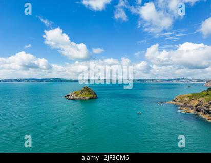 Aerial view of the Thatcher Rock in Torquay as the large rock formation ...