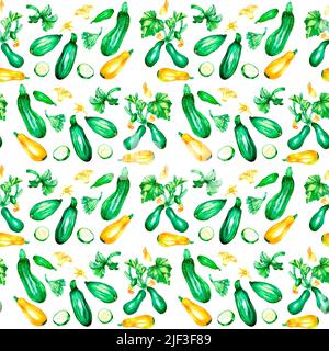 Variety of green and yellow zucchini watercolor illustration seamless ...