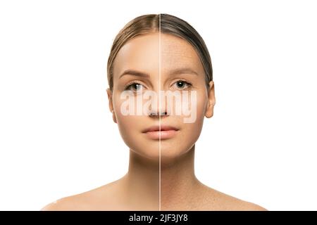 Composite image with girl in comparison youth and maturity. Skin aging ...