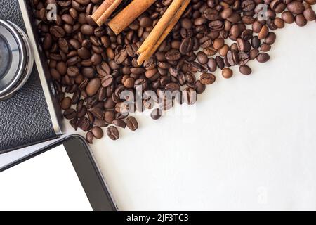 Smart phone,camera and coffee beans on white background. top view Stock ...