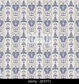 French blue crown motif seamless pattern. Tonal country cottage style ...
