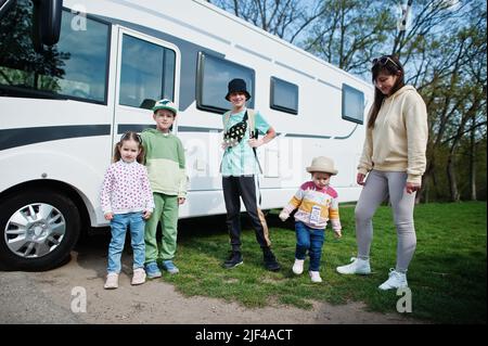 Mother with four children travel at motorhome RV camper van Stock Photo ...