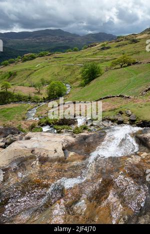 Waterfalls in Cwm Llan beside the well known Watkin Path, Snowdonia ...