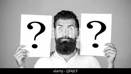 Paper notes with question marks. Beard man question mark in head ...