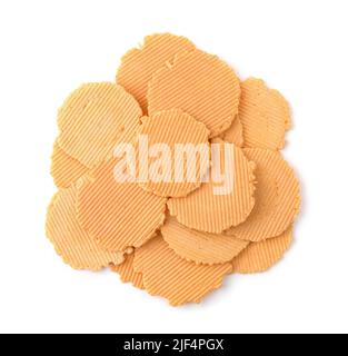 Top view of salty crispbread wheat mini rings in wooden bowl isolated ...