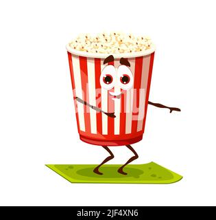 Cute cartoon popcorn character is doing yoga. Popcorn in standing yoga ...