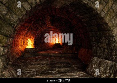 Ancient medieval dungeon with stone arched ceiling, wooden tables and ...