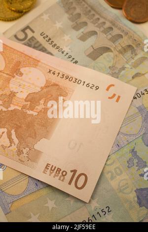 Twenty euros orange color photographed close-up, details of the genuine ...