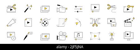 Video edition doodle icons vector set. Film, scissors, magic wand and ...