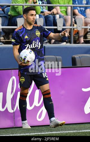 June 29, 2022: Seattle Sounders midfielder Albert Rusnak elevates for a ...