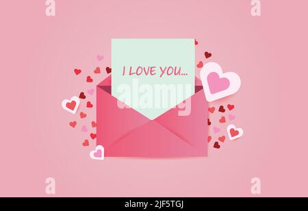 Envelope on colored background for Valentine Day with gift box and ...
