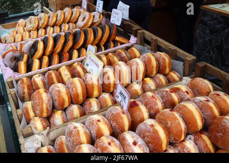 English doughnuts (donuts) at London Spitalfields Market Stock Photo ...