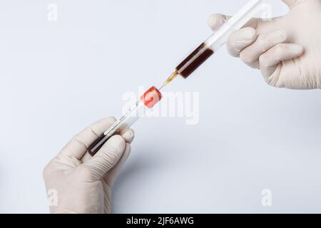 Handling blood probes with syringe and test tube for analyzing to in a ...