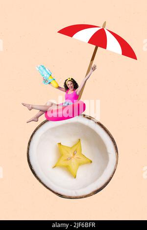 Vertical collage image of excited girl sleepwear hands hold big giftbox ...