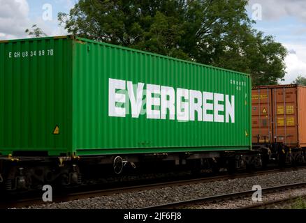 Evergreen shipping container on a freightliner train, Warwickshire, UK ...