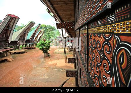 Wall carvings on house wall and rice barns built in traditional Toraja ...