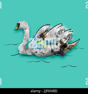 Conceptual art collage with painted animal, big pig filled with garbage ...