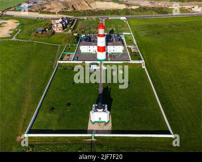 Aerial / drone view of Souter Lighthouse in near South Shields, England ...