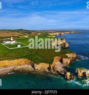 Aerial / drone view of Souter Lighthouse in near South Shields, England ...