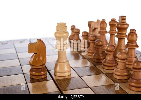 Beige Brown Wooden chess different pieces figures standing on ...