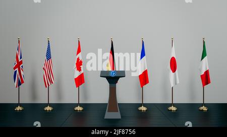 G7 summit. flags of members of G7 group of seven and list of countries ...