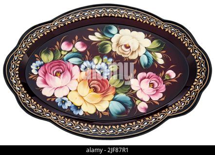 Old Red decorative russian folk handpainted metal tray with floral ...