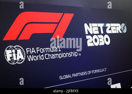 F1 Net Zero Emission by 2030 logo in the paddock during the Formula 1 ...