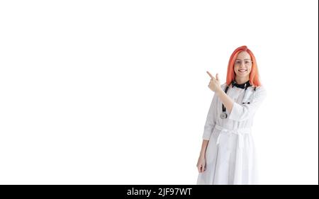 a doctor girl with red hair on a white background Stock Photo - Alamy