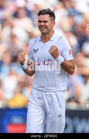 James Anderson of England celebrates the wicket of Shubman Gill of ...