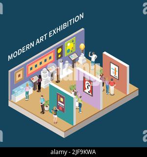 Modern art exhibition isometric background with pictures at walls and ...