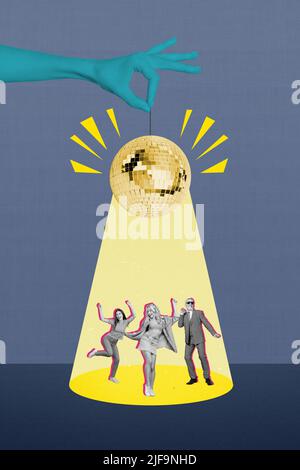 Vertical collage portrait of excited funky girl witch headwear sit ...