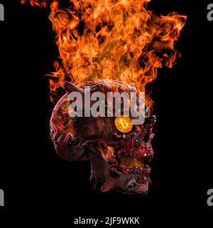 3D Rendering of a Burning Cyberpunk Devil Skull with Bitcoins in the ...