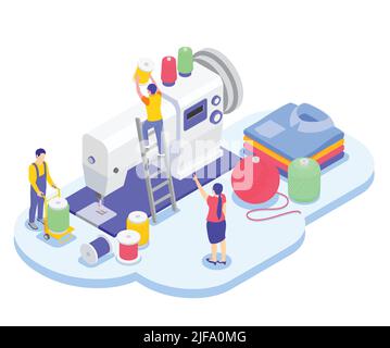 Textile mill spinning industry isometric composition with small ...