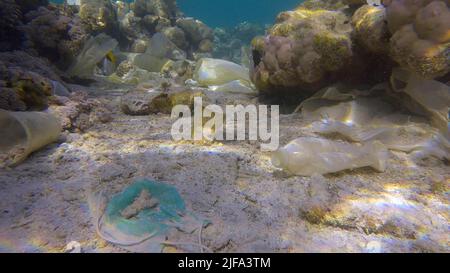 Seabed of beautiful coral reef covered with plastic and other garbage ...