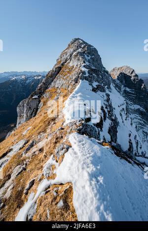 Summit ridge with first snow in autumn, summit of Guffert, view of ...
