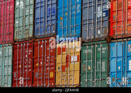 Stacked container, Old Port, Montreal, Province of Quebec, Canada Stock ...