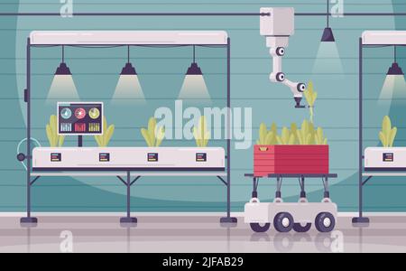 Smart farming cartoon composition with indoor scenery automated cart ...