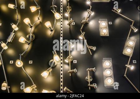Halogen spotlights and LED lights in DIY store, Kempten, Allgaeu ...